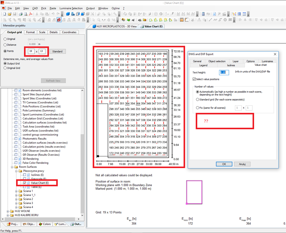 Export Dwg Value Chart user Points DIALux Evo Board